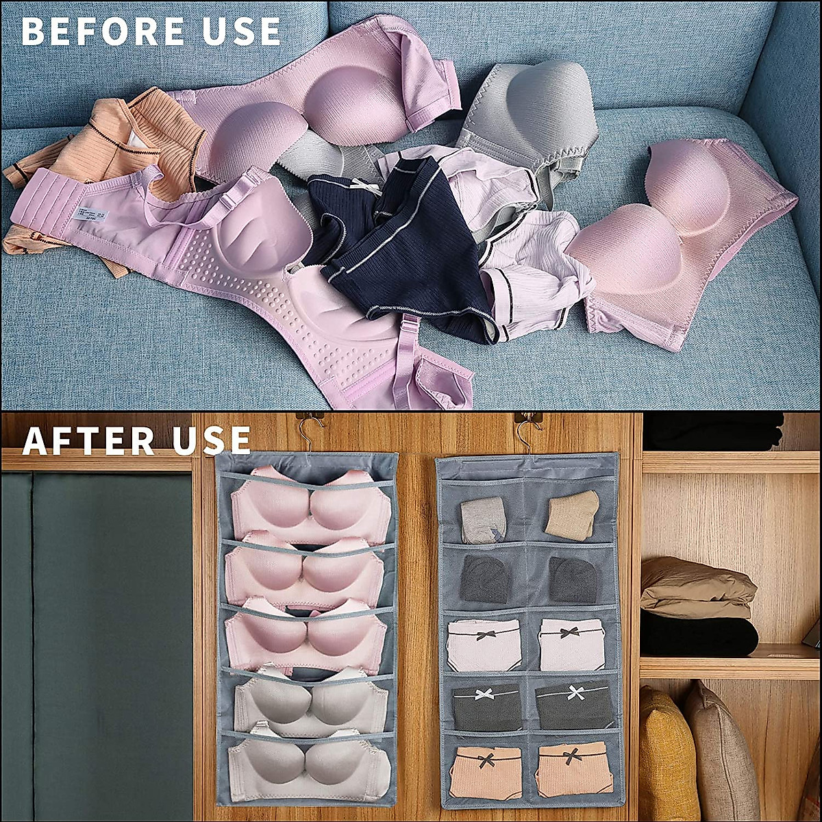 Hanging Underwear Closet Organizer, Bra Organizer for Closet Hanging, Dual-Sided Socks Hanging Closet Organizer,Bra Closet Organizers and Storage Hanging 15 Pockets