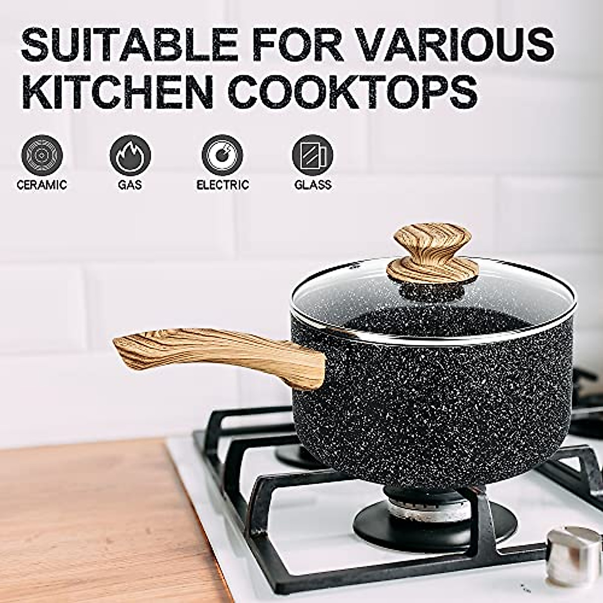 MICHELANGELO Saucepan Set with Lid 1 Quart & 3 Quart, Nonstick Sauce Pans with Granite Coatings, Small Pot Set with Lid, Nonstick Sauce Pan Set, Small Sauce Pots, Ergonomic Bakelite Handle, Black