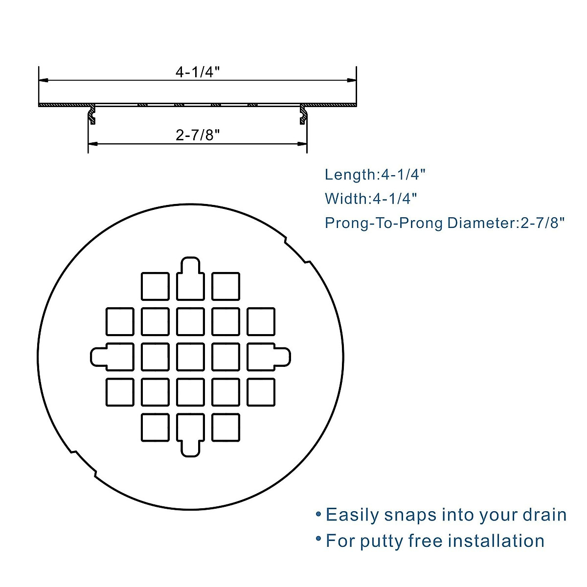 Black Snap-in Shower Drain Cover,Hidrop 4-1/4" OD Round Shower Strainer Grid, Easy-to-Install Replacement Cover Stainless Steel Matte Black