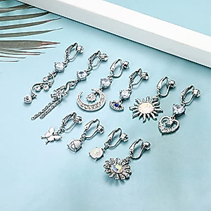 FINREZIO 10PCS Fake Belly Ring for Women Stainless Steel Clip on Belly Button Rings Dangle Navel Rings CZ Opal Evil Eye Moon Butterfly Non Piercing Fake Belly Piercing Jewelry