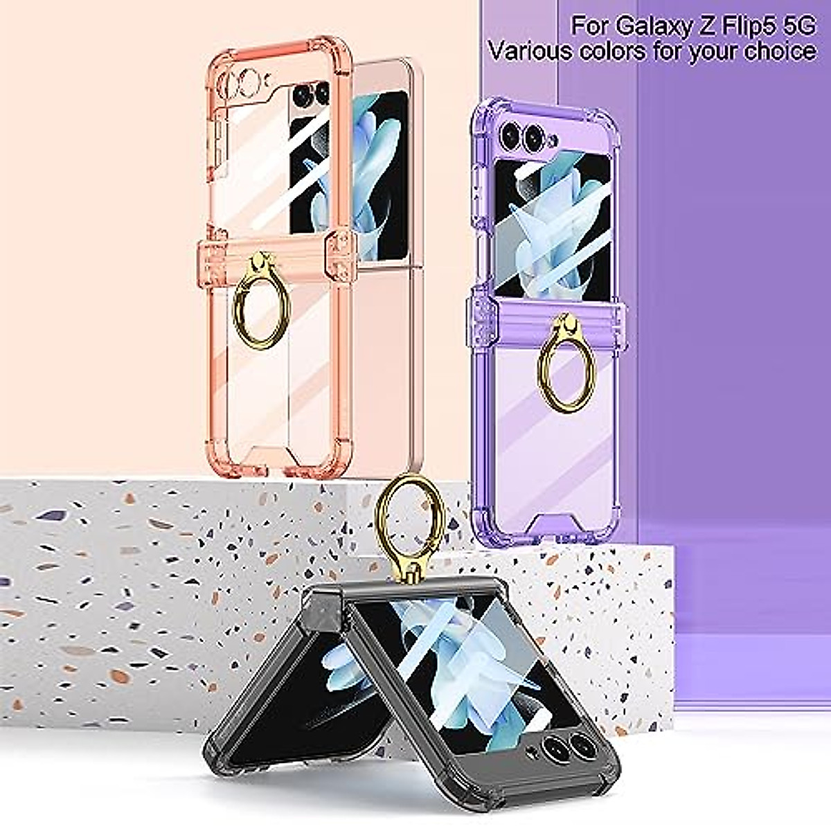 Jusy for Samsung Galaxy Z Flip 5 Case Ring, with Hinge Protection, Built-in Back Screen Protector & Ring Kickstand, Clear Elegant Shockproof Cover for Woman Girl, Orange