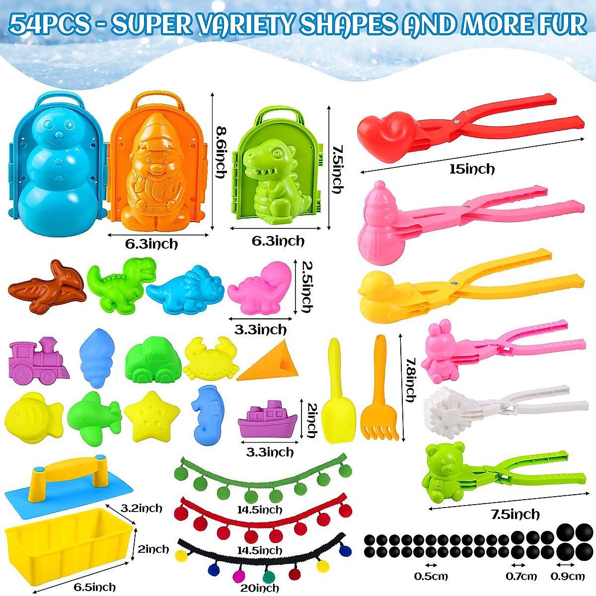 JMUQ 50pcs Snowball Maker Snow Toys for Outdoor Winter Fun Includes Heart Shaped Rabbit and Duck Snowball Makers,Gnome and Dinosaur Snow Molds and a Snowman Decorating Kit for Toddlers and Adults