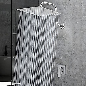 Voolan Rain Shower Head with Goose Neck Curve Arm, All Metal Waterfall Rainfall Showerhead, High Flow Bathroom Square Large Shower Head (12’’ Shower Head with 13’’ Shower Arm, Chrome)