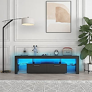 LMEREODY Modern LED TV Stand for 55/60/65/70/75+ inch TV, High Glossy Entertainment Center with LED Lights, Gaming Media Console TV Stand with Storage, Black Wood TV Table for Living Room, Bedroom