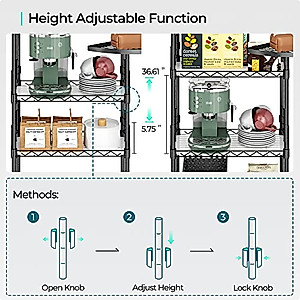 LINSY HOME 5-Tier Storage Shelves with 2 Rotatable Shelves, Height Adjustable Metal Pantry Shelves with 5 Hooks and Shelf Liners, Heavy Duty Metal Shelving, Wire Shelving for Kitchen, Bathroom -Dark