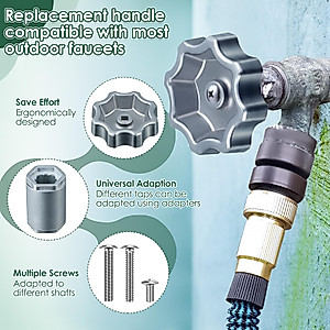 2 Pack Outdoor Faucet Handle, Water Spigot Handle Compatible with Danco 10006, Hose Bib Handle with Adapter and Screws for 8&12 Point Round Broach, 0.26", 0.28", 0.31"&0.38" Square Broach, Silver