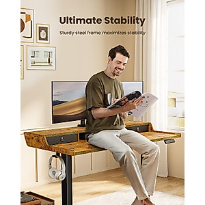 ErGear Electric Staning Desk with Drawers, 40x24 Small Gaming Desk with Monitor Stand, Stand up Desk, Home Office Height-Adjustable Desk with Storage Shelf, Vintage Brown, EGESD35V