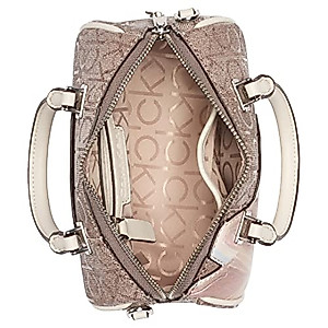 Calvin Klein Ashley Top Zip Dome Mini Satchel Crossbody, Almond/Taupe Multi Printed Textured Emboss Logo