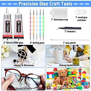 B-7000 Clear Glue Adhesive for Crafting, Industrial Strength Semi Fluid B7000 Glue with Precision Applicator Tips, Art Dotting Stylus Pens for DIY Rhinestone Jewelry Bead Making(2 PCS, 50 ML/ 2.1 oz)