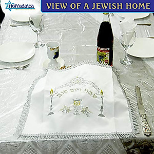 HolYudaica White Satin Challah Cover for Shabbat Bread (20"/16") with Shabbat Candlestick Silver & Gold Embroidery, from Israel, Nice Gifts (Silver, 1)