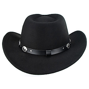 Women & Men Felt Western Cowboy Hat Classic Roll Up Brim Belt Buckle Cowgirl Fedora (M-L)