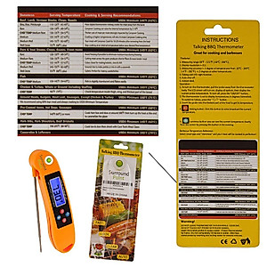 Digital Thermometer Talking Instant Read- Electronic BBQ- Great for Barbecue, Baking, Grilling, Cooking, All Food & Meat, Liquids- Collapsible Internal long Probe (Orange) By Surround Point