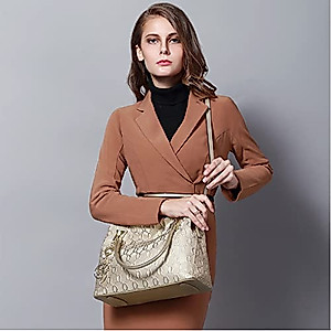 Leather Handbags for Women, Split Cowhide Lock Chain Pattern Ladies Top-handle Bag with Adjustable Shoulder Strap Women's Pocketbooks Tote Bag Womens Leather Crossbody Purses and Handbags (Gold)