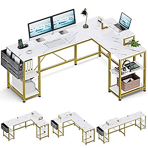 Lulive L Shaped Desk, 95" Reversible Corner Computer Desk with Shelves, Monitor Stand, Storage Bag, Hooks, 2 Person Long Desk for Home Office Writing Study Workstation (White Faux Marble)