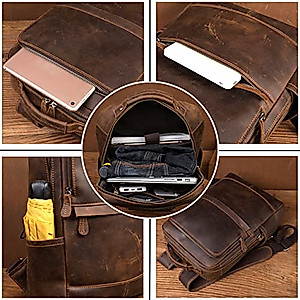 PAHVRION Vintage Genuine Leather 14 Inch Laptop Backpack,Hiking Travel Bag Anti Theft Camping Daypack