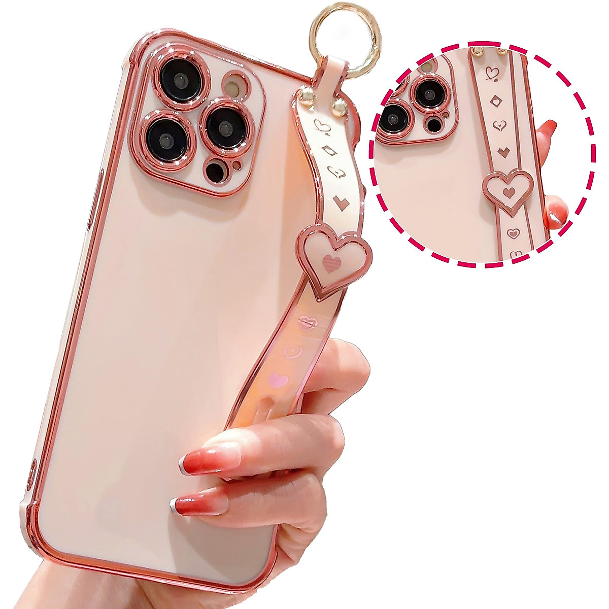 IDweel for iPhone 13 Pro Max Case with Adjustable Wristband Strap Kickstand Loop Heart Luxury Plating,Raised Corners Bumper Shockproof Slim Fit Durable Cover for Women Girls,Rose Gold