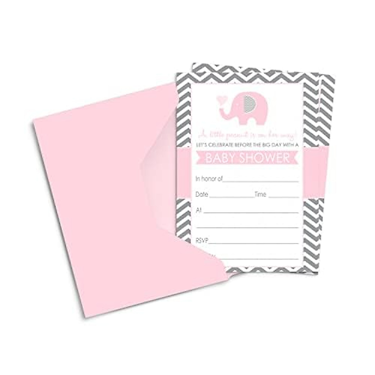 Paper Clever Party Pink Elephant Baby Shower Invitations and Envelopes (15 Pack) Baby Girls Invites for Sprinkle DIY, Cute Printed Card Set with Jungle Theme, 4x6