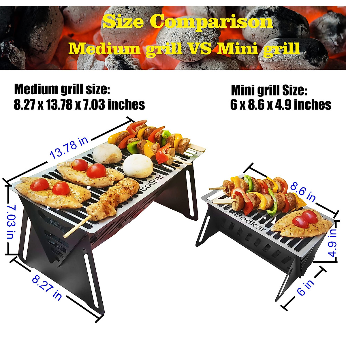 Bodkar Small Portable Grill for Personal Use, Mini Charcoal Grill for Tabletop Indoor Outdoor Cooking BBQ Camping Picnic Patio Backyard