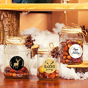 Christmas Stickers for Envelopes Holiday Labels 500PCS Black & Gold Seals Faux Glitter for Holiday Christmas Party Decoration