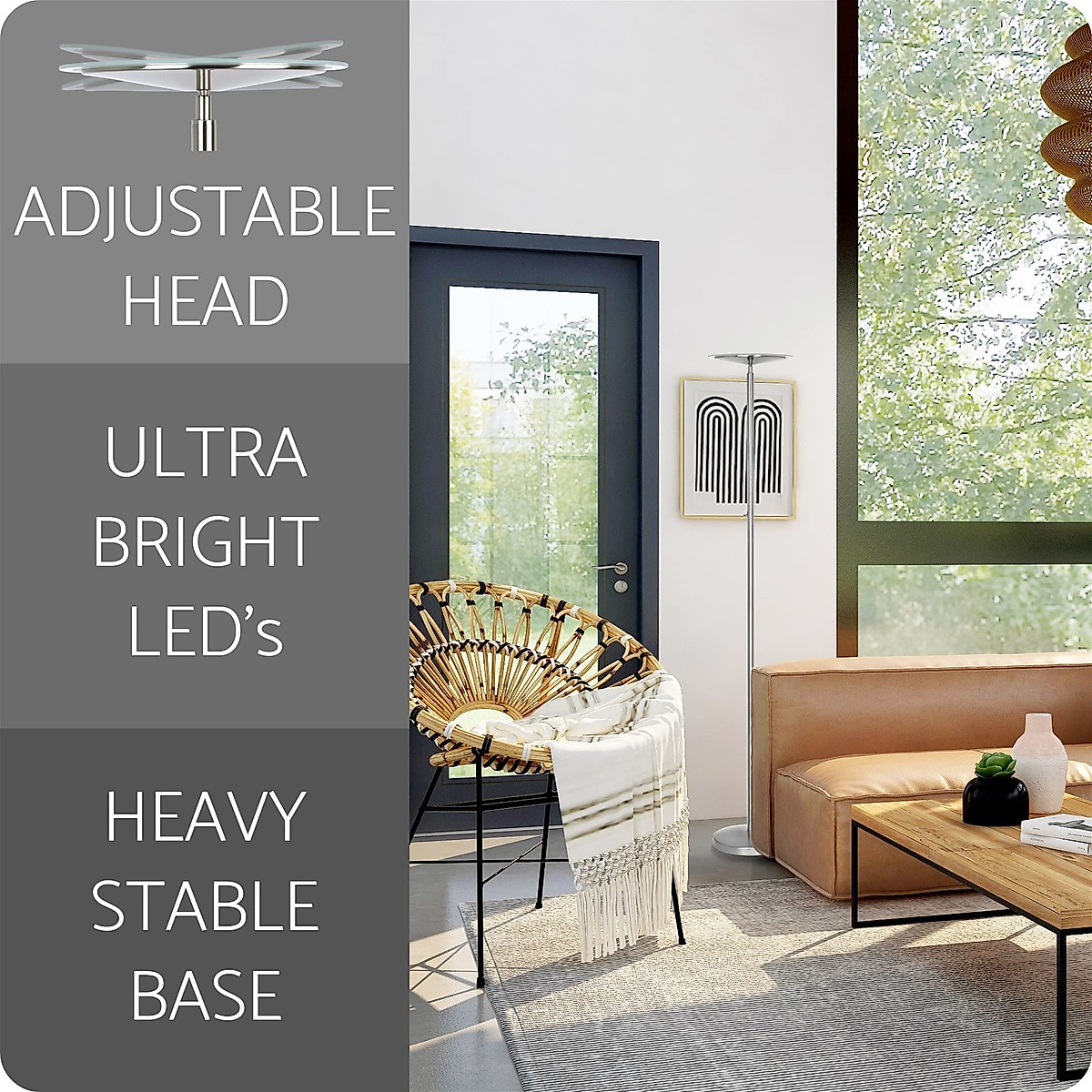 Kira Home Horizon 70" Modern LED Torchiere Floor Lamp (36W, 300W eq.), Glass Diffuser, Dimmable, Timer and Wall Switch Compatible, Adjustable Head, 3000k Warm White Light, Brushed Nickel Finish