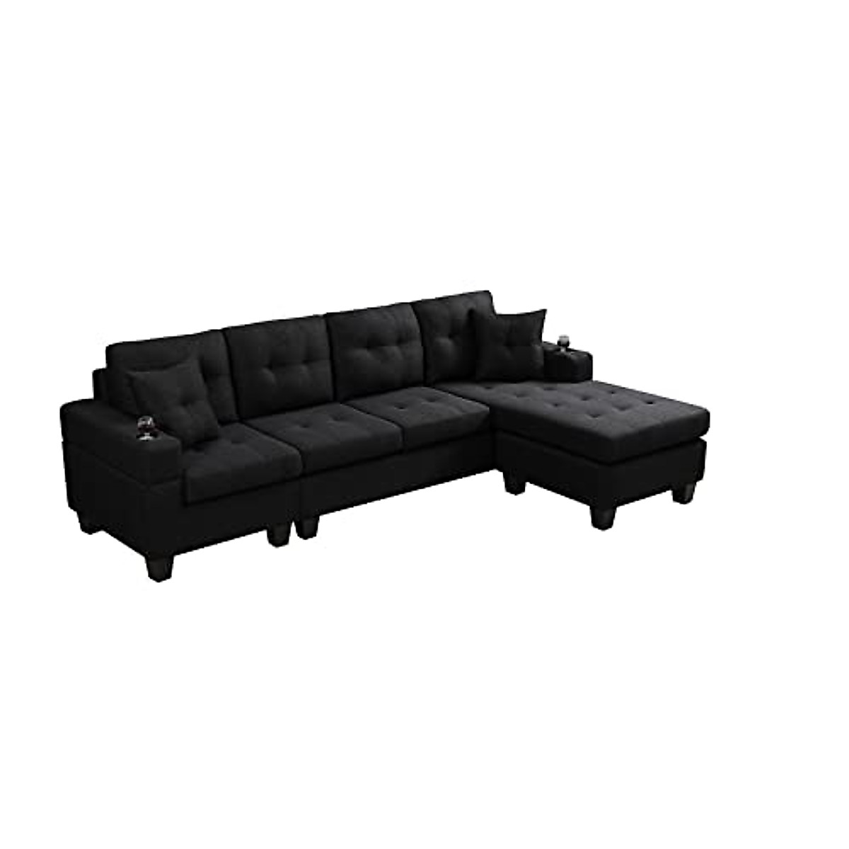 BIADNBZ Sectional Sofa Couch with Reversible Chaise Lounge and Cupholders, Modern L-Shaped Living Room Set w/2 Pillows for Apartment, Black