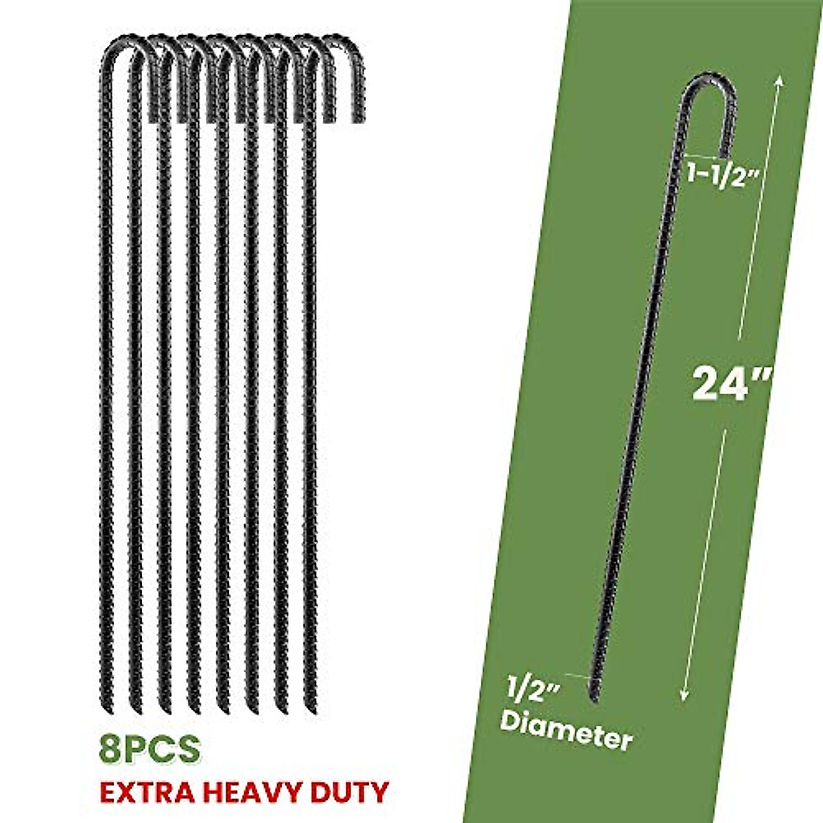 CRIZTA 24” Set of 8 Ground Rebar Stakes Heavy Duty J Hook Ground Anchors, Curved Steel Plant Support Garden Stake with Chisel Point end, Hammer Through Hard Soil for Camping Tent - Black Powder Coated