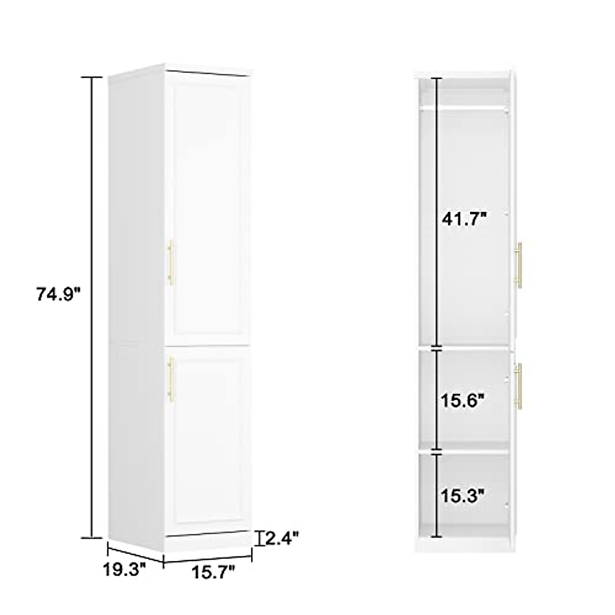 ECACAD Slim Wardrobe Armoire with 2 Doors, 3-Tier Shelves & Hanging Rod, Wooden Closet Storage Cabinet for Bedroom, White (15.7”W x 19.3”D x 74.8”H)