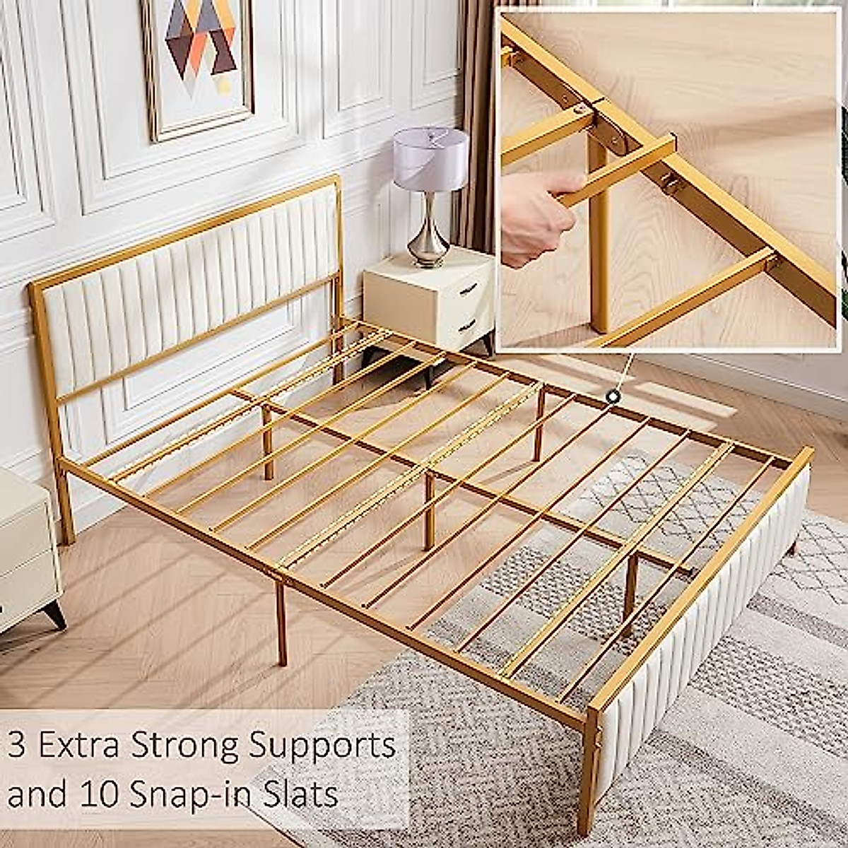 VECELO Queen Bed Frame with Upholstered Tufted Headboard & Footboard, Heavy Duty Steel Slats Platform, No Box Spring Needed, Gold