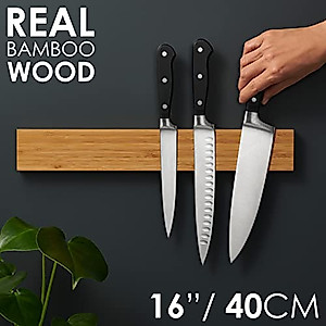 LARHN Magnetic Knife Holder for Wall with Extra Strong Magnet - 16 Inch - Knife Magnetic Strip in Bamboo for Knives, Utensils and Tools