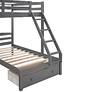 Wood Triple Bunk Bed,Triple Bunk Bed, Full Over Twin & Twin Bunk Bed with Drawers,Frame with Guardrails and Ladder for Kids, Teens, Adults, Space-Saving Design (Gray with Drawers)