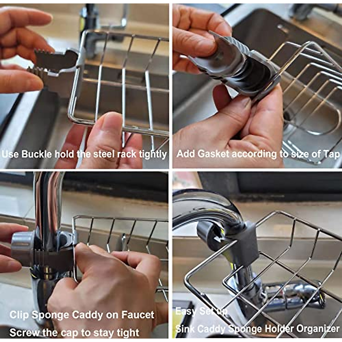 NCARSTER Stainless Steel Faucet Rack for Kitchen Sink, 2 PCS Kitchen Sink Caddy Sponge Holder Organizer, Shower Shelf Rack Organizer (Silver)