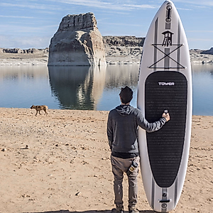 TOWER Inflatable 10’4” Stand Up Paddle Board - (6 Inches Thick) - Universal SUP Wide Stance - Premium SUP Bundle (Pump & Adjustable Paddle Included) - Non-Slip Deck (Adventurer 2-10'4")