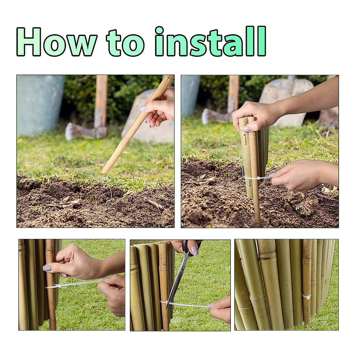 Jollybower 8x39IN Natural Bamboo Edging, Bamboo Garden Border Edging, Outdoor Landscape Edging for Decorative Garden, Patio Flower Garden Bed, Lawn, Yard, Pool Fences（1Pc with 3 Short Bamboo Poles）