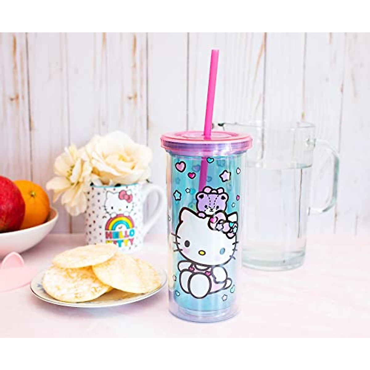 Sanrio Hello Kitty Stacked Donuts Carnival Cup with Reusable Straw and Leakproof Lid | Plastic Cold Cup for Boba Milk Tea Beverages, Home & Kitchen Essentials | Cute Kawaii Gifts | Holds 20 Ounces