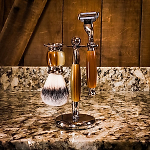 Union Razors SS1 Three Piece Shave Kit, Tiger Eye with Razor, Shaving Brush and Stand, Brown