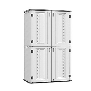 ADDOK Vertical Outdoor Storage Cabinet,HDEP Storage Shed Weather Resistance,Outdoor Storage for Long-Handle Tool,Lawnmower, Garden Accessories,Patio/Balcony 52 Cu.ft(White)