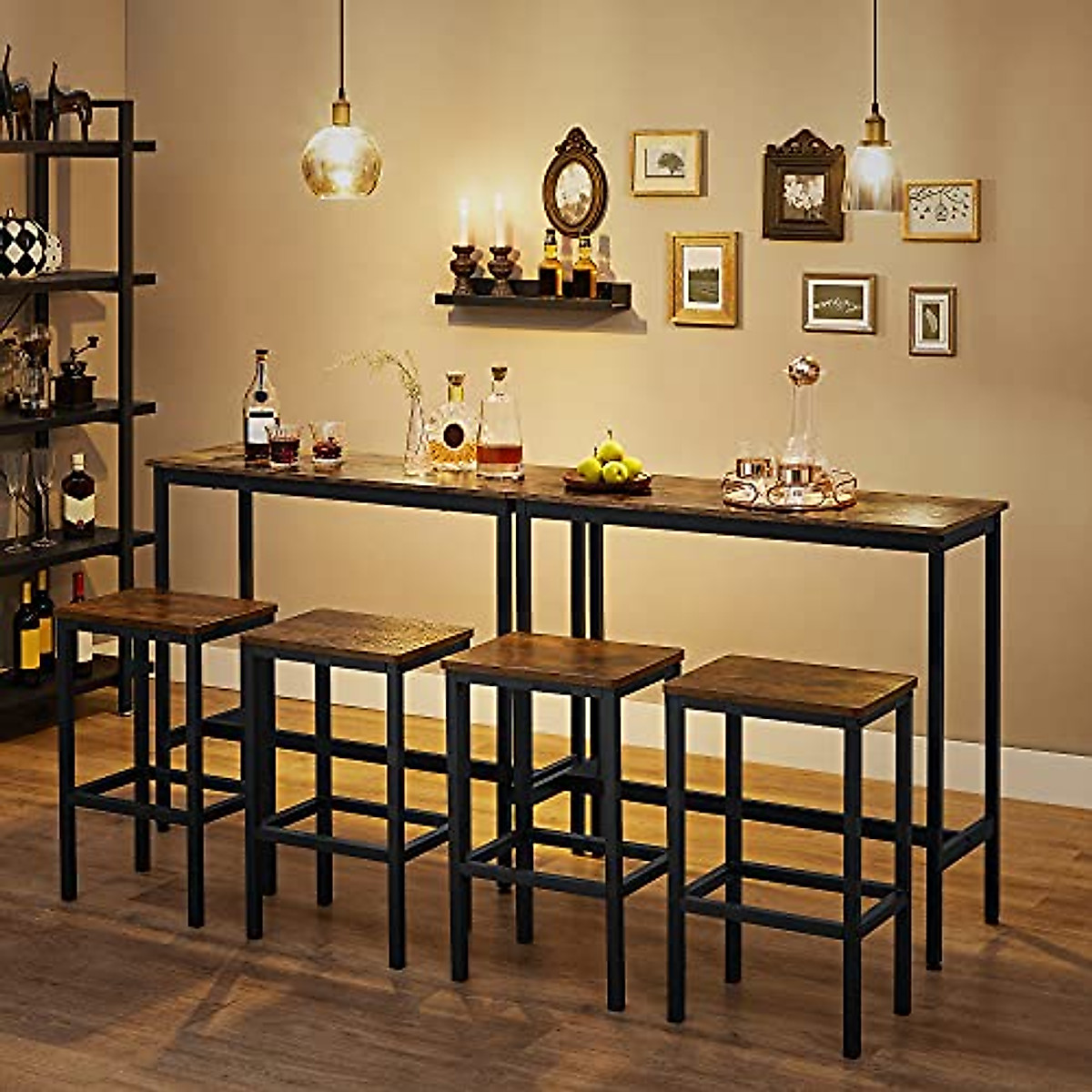 VASAGLE Dining Table Set, Bar Table and Chairs Set, Kitchen Bar Height Table with Stools Set of 2, Steel Frame, Industrial, Rustic Brown and Black ULBT218B01