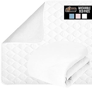 Gorilla Grip Washable Underpads, Waterproof Reusable Heavy Absorbency Incontinence Bed Pads, Leak Proof Toddler Mattress Pads, 76x34 Slip Resistant Pad Protector for Bedwetting, Adults and Kids, White