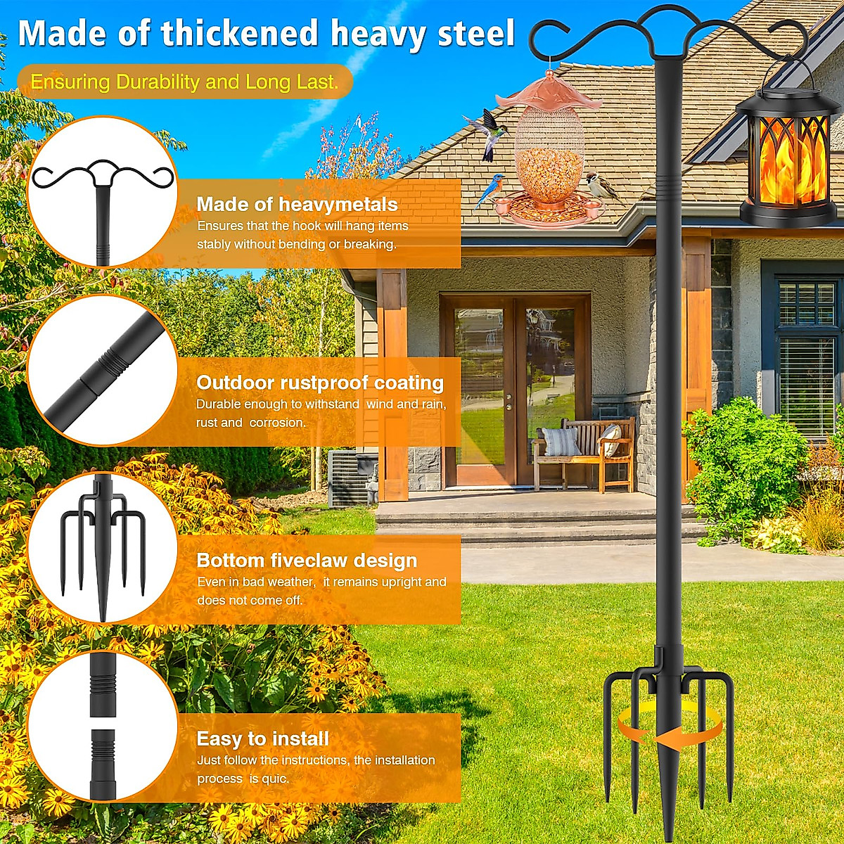 110 Inch 2 Pack Adjustable Shepherds Hooks for Outdoor with 5 Prong Base Heavy Duty Outdoor Garden Shepherds Hooks Hanger for Hanging Bird Feeder Flower Plant Baskets Solar Light Lantern Pole Stand