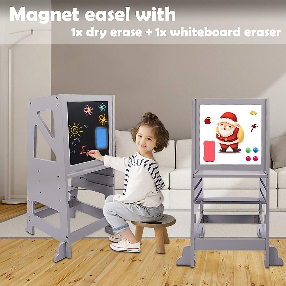 Toddler Kitchen Step Stool Toddler Standing Tower Toddler Step Stool Toddler Tower with Message Boards Safty Rail-Adjustable Kids Kitchen Step Stool for Kitchen Counter Bathroom Sink (Grey)