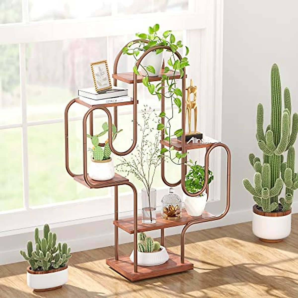 Allinside Cactus Corner Bookshelf, 6 Tiers Multipurpose Plant Stand, Heavy-Duty Metal Corner Shelf, Creative Tall Display Rack, Rustic Bookcase for Living Room, Bedroom, Home Office and Balcony