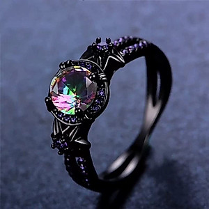 Gothic Black Gold Rretro Female Ring Mysterious Rainbow Topaz With The Creation of Amethyst Flower Gothic Black Gold Engagement Gems Ring-9