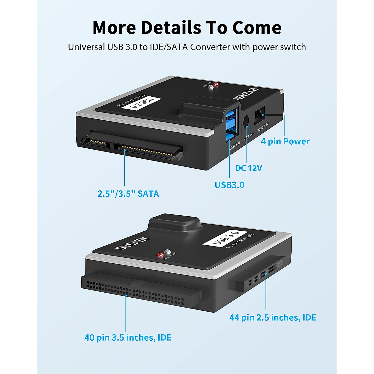 BYEASY SATA/IDE USB 3.0 Adapter, Hard Drive Reader with USB A and USB C for Universal 2.5"/3.5" Inch External HDD/SSD with 12V 2A Adapter, Support 12TB for Windows and Mac OS