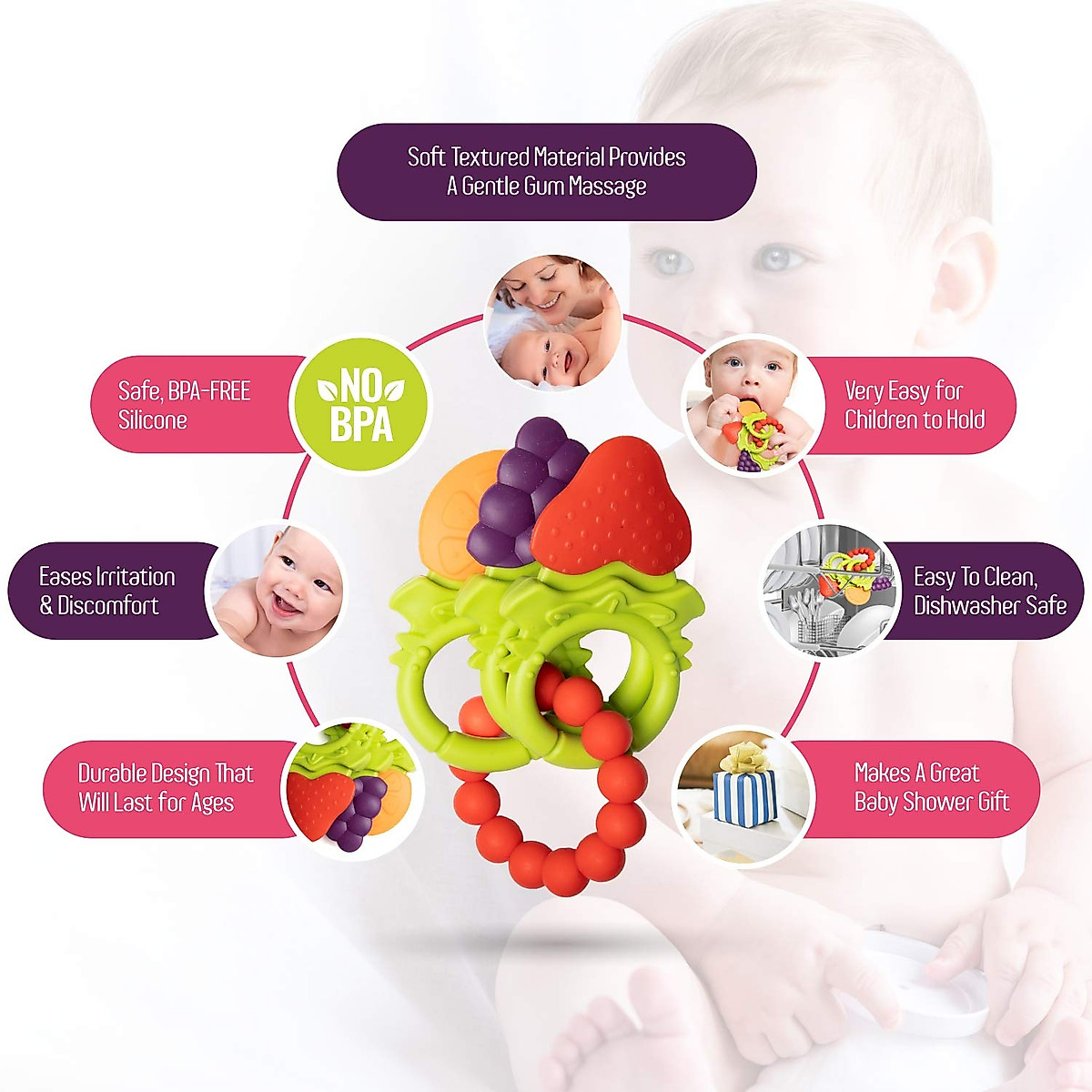 Baby Teething Toys for Newborns 0-6 Months | Textured Silicone Teethers for Infants 6-12 Months | BPA Free | Sensory Exploration | Fruit Shaped with Ring | Soothes Baby's Gums | 3 Pack