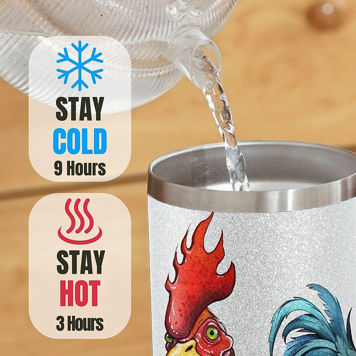 Onebttl Rooster Gifts for Men, Women, Funny Rooster Glitter Coffee Mug Tumbler for Coworker, Friends, I've Pecked You 3 Times, Stainless Steel Tumbler 20oz