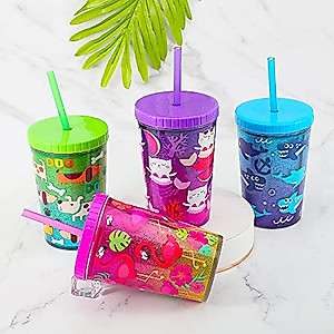 Home Tune 14oz Kids Tumbler Water Drinking Cup 2 Pack - BPA Free, Straw Lid Cup, Reusable, Lightweight, Spill-Proof Water Bottle with Cute Design for Girls & Boys - Shark & Dog