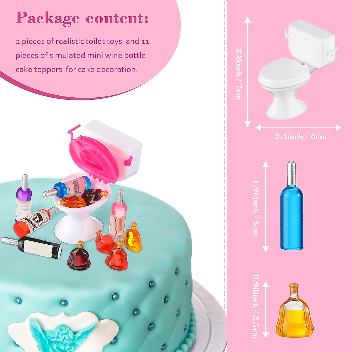 Toilet Cake Topper 2 Pieces and Mini Wine Bottles Cake Cupcake Toppers 11 Pieces, Cake Accessories Miniature Toilet Toy Dollhouse Decorations for Pretend Play Birthday Party Favors