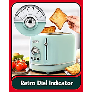Hazel Quinn 2 Slice Retro Toaster, 6 Browning Levels, 3 Functions-Defrost/Reheat/Cancel, Removable Crumb Tray for Easy to Clean, 1.5 Inches Extra Wide Slots, Vintage Style, Mint Green