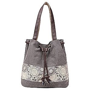DIRRONA Womens Canvas Handbag Ladies Shoulder Bags Top Handle Bags Drawstring Bucket Bag School Travel Casual Daily Use Gray