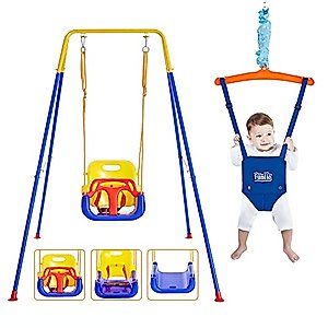 FUNLIO 2 in 1 Swing Set for Toddler & Baby Jumper, Heavy Duty Kids Swing & Bouncer with 4 Sandbags, Foldable Metal Stand for Indoor/Outdoor Play, Easy to Assemble and Store